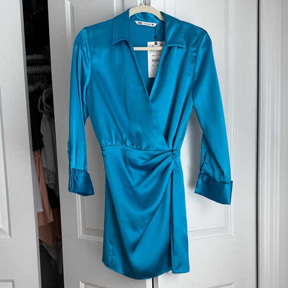 Zara | Dresses | Nwt Zara Turquoise Satin Wrap Dress | Poshmark